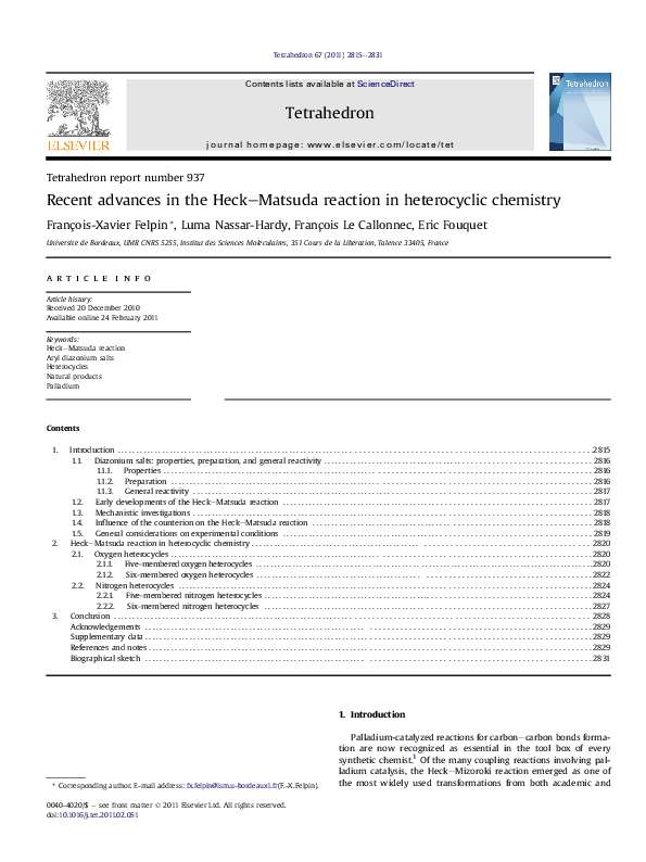 (PDF) Recent advances in the Heck–Matsuda reaction in heterocyclic ...