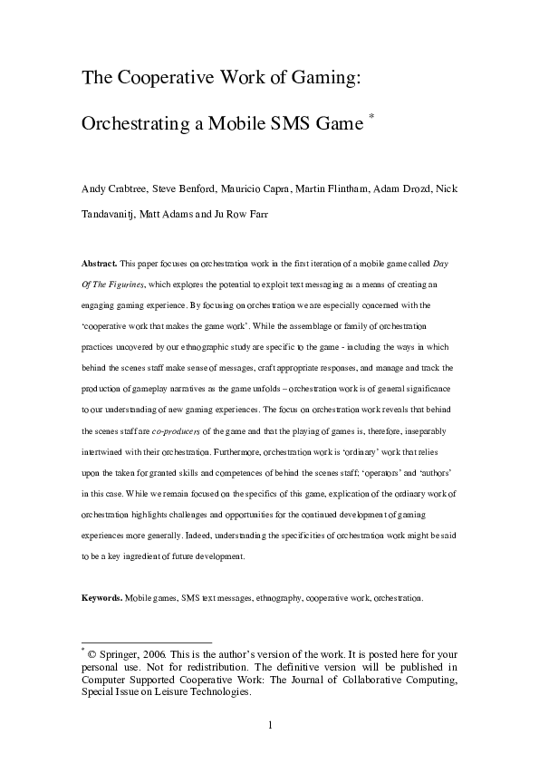 (PDF) The Cooperative Work of Gaming: Orchestrating a Mobile SMS Game
