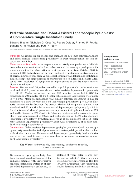 (PDF) Pediatric Standard and Robot-Assisted Laparoscopic Pyeloplasty: A Comparative Single ...