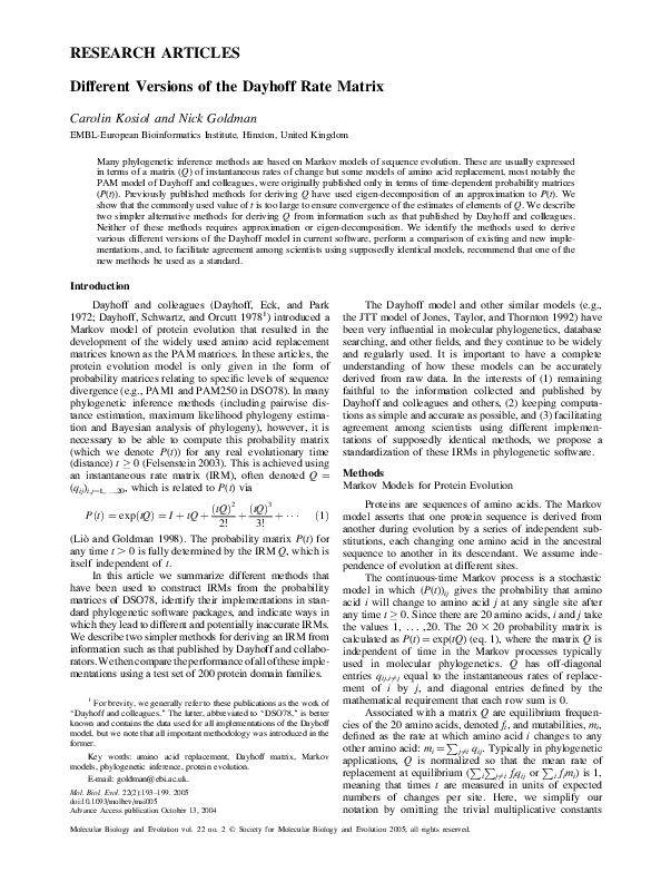 (PDF) Different Versions of the Dayhoff Rate Matrix