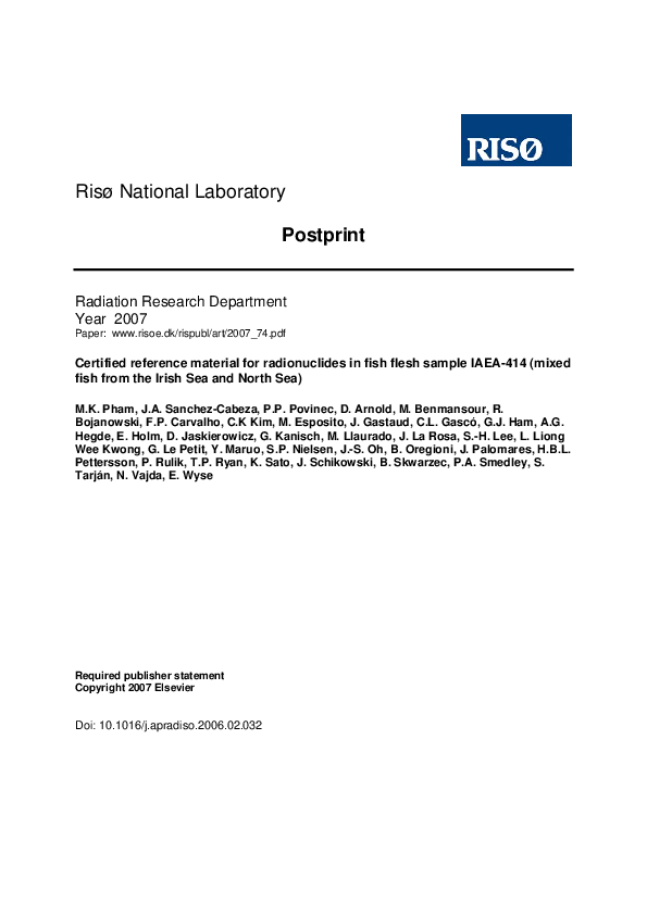 (PDF) Certified reference material for radionuclides in fish flesh sample IAEA-414 (mixed fish ...