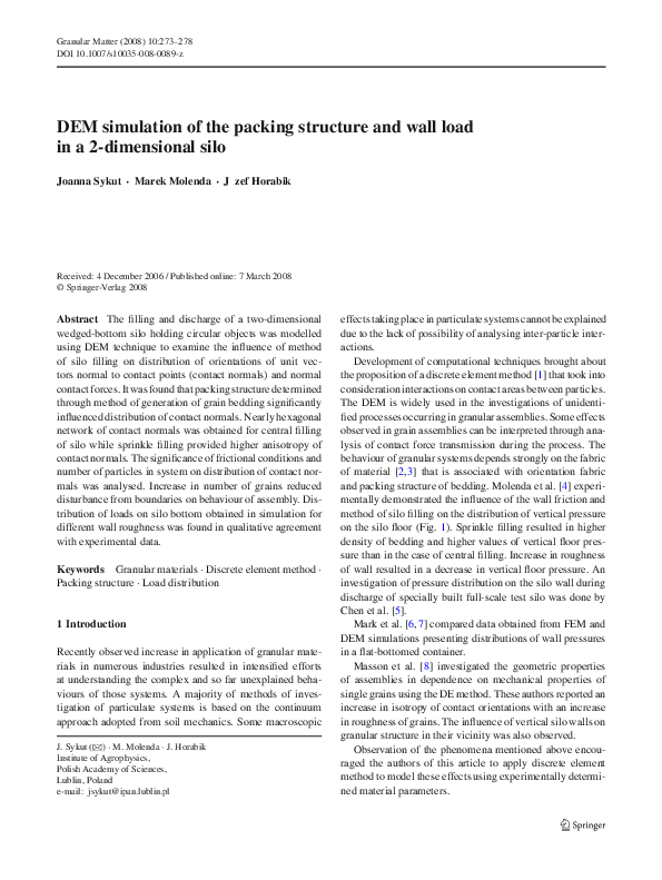 (PDF) DEM simulation of the packing structure and wall load in a 2-dimensional silo