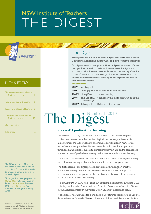 (PDF) The Digest edition 2010/1: Successful professional learning