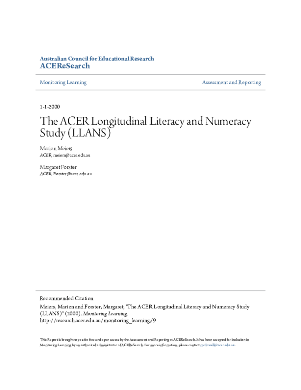 (PDF) The ACER longitudinal literacy and numeracy study (LLANS)