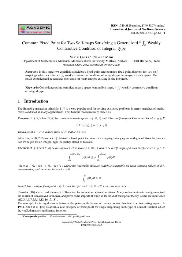 Pdf Common Fixed Point For Two Self Maps Satisfying A Generalized ψ ∫