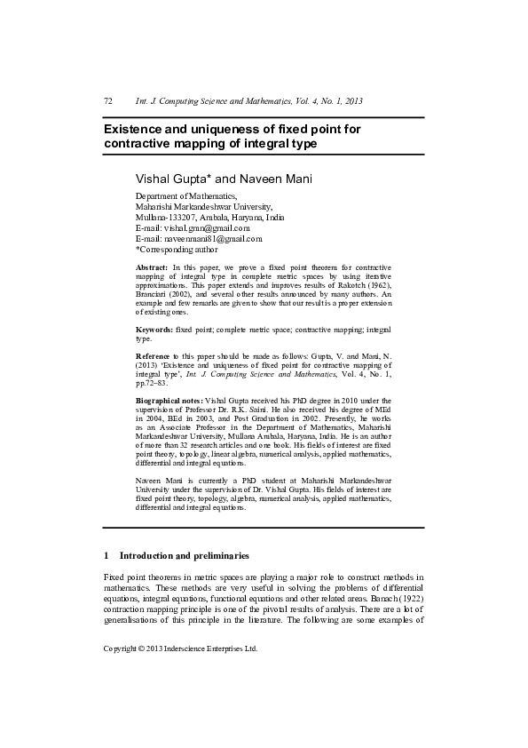 Pdf Existence And Uniqueness Of Fixed Point For Contractive Mapping Of Integral Type