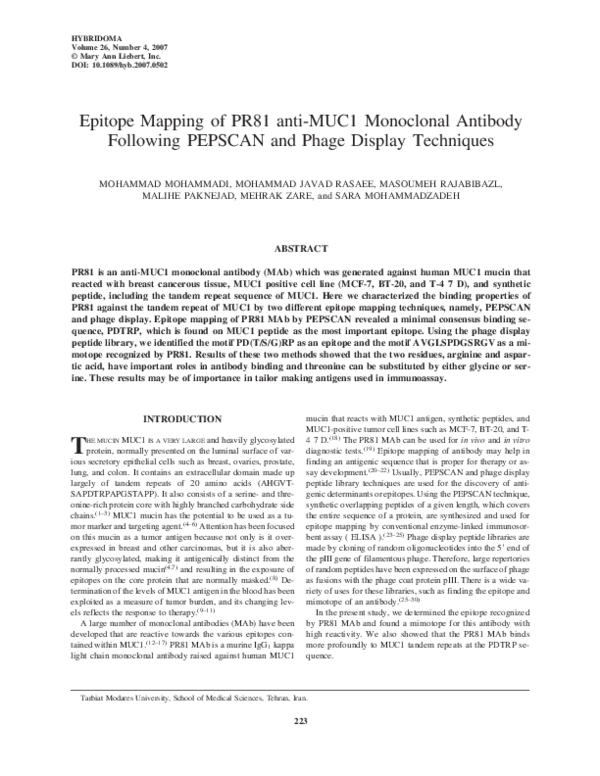 (PDF) Epitope Mapping of PR81 anti-MUC1 Monoclonal Antibody Following ...