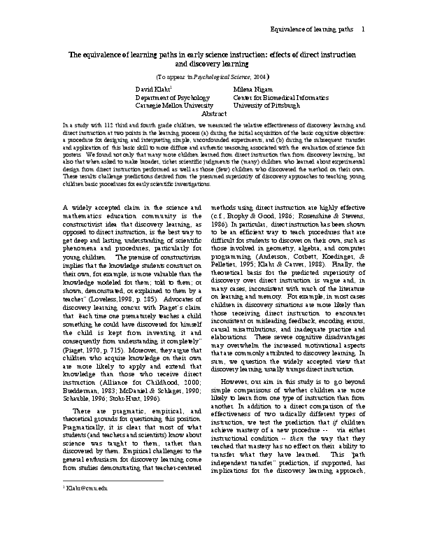 Pdf The Equivalence Of Learning Paths In Early Science Instruction