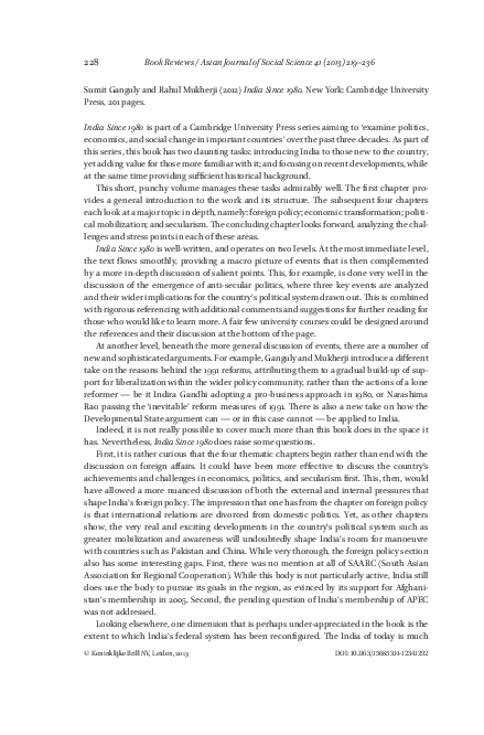 (PDF) Sumit Ganguly and Rahul Mukherji (2012) India Since 1980 (Review)