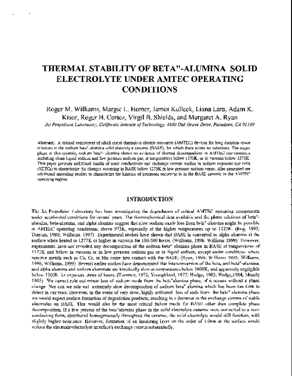 (PDF) THERNIAL STABILITY OF BETA"ALUMINA SOLID ELECTROLYTE UNDER AMTEC ...