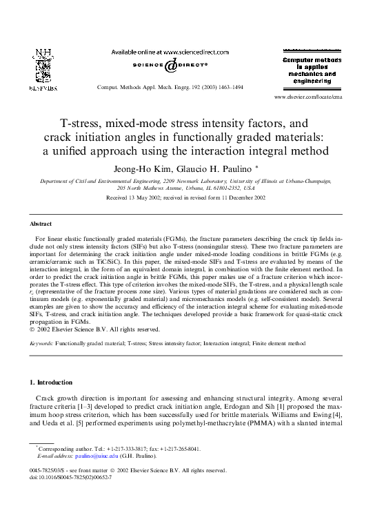 (PDF) T-stress, mixed-mode stress intensity factors, and crack initiation angles in functionally ...