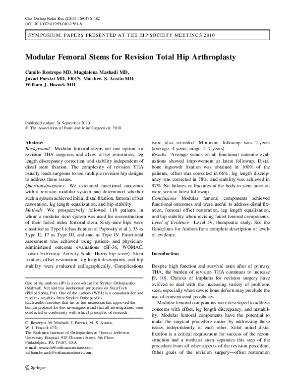 (PDF) Modular Femoral Stems for Revision Total Hip Arthroplasty