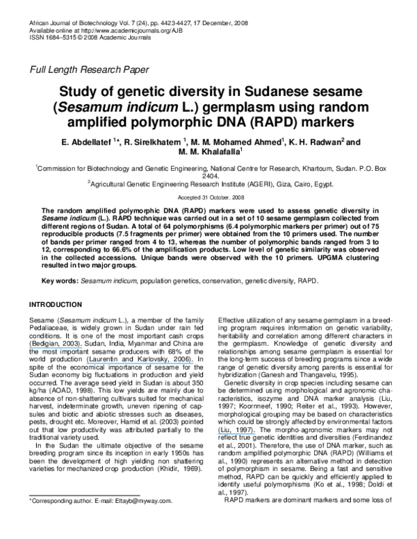 (PDF) Study of genetic diversity in Sudanese sesame (Sesamum indicum L ...
