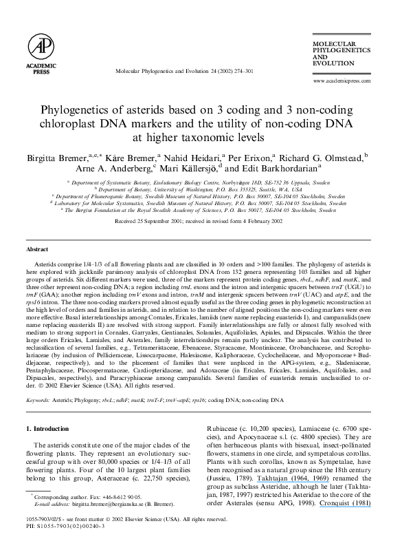 (PDF) Phylogenetics of asterids based on 3 coding and 3 non-coding chloroplast DNA markers and ...