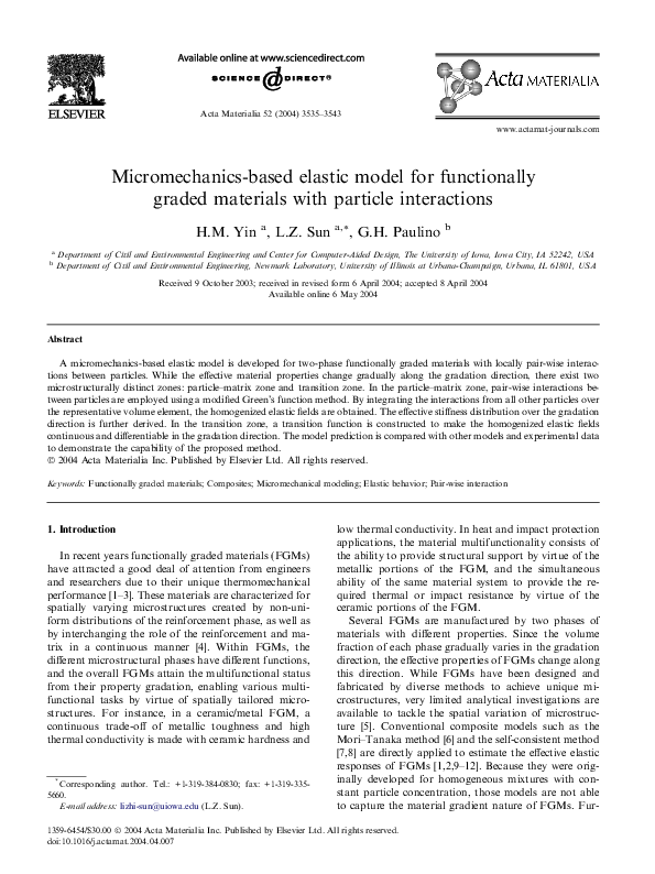 (PDF) Micromechanics-based elastic model for functionally graded materials with particle ...