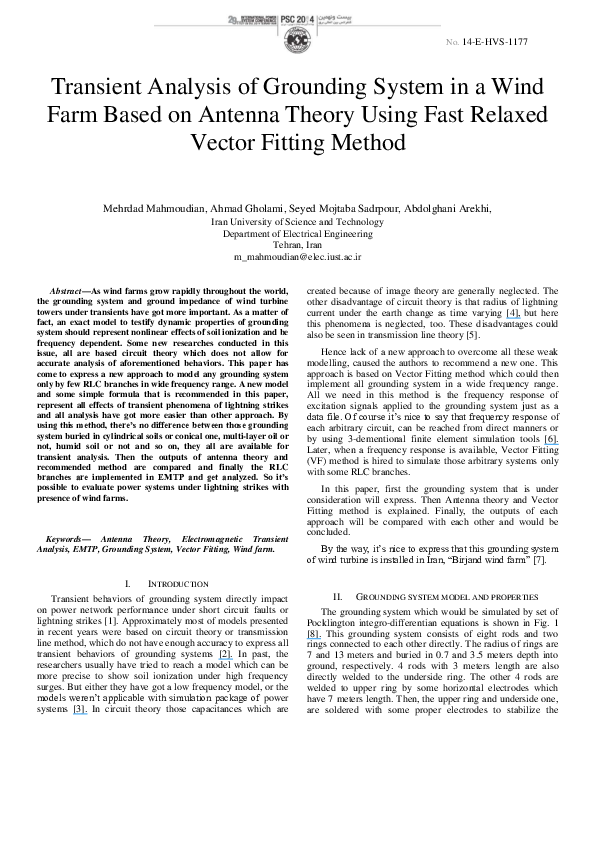 Pdf Transient Analysis Of Grounding System In A Wind Farm Based On Antenna Theory Using Fast