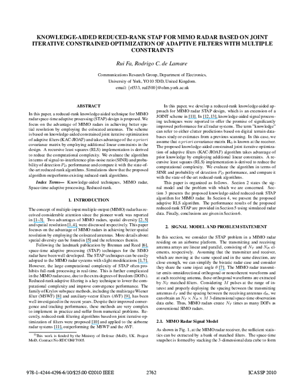 Pdf Knowledge Aided Reduced Rank Stap For Mimo Radar Based On Joint Iterative Constrained