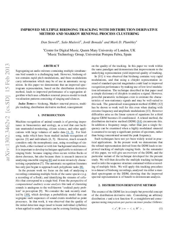 (PDF) Improved multiple birdsong tracking with distribution derivative method and Markov renewal ...