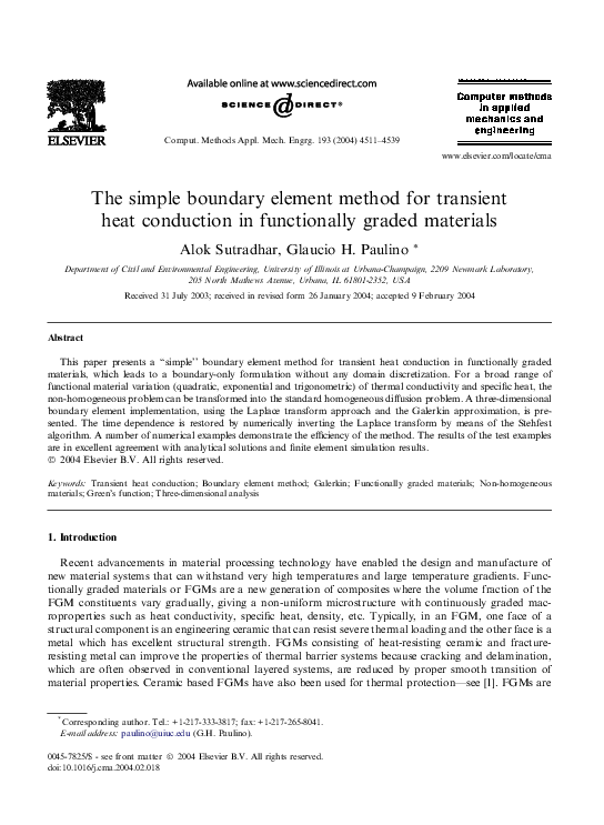 Pdf The Simple Boundary Element Method For Transient Heat Conduction In Functionally Graded