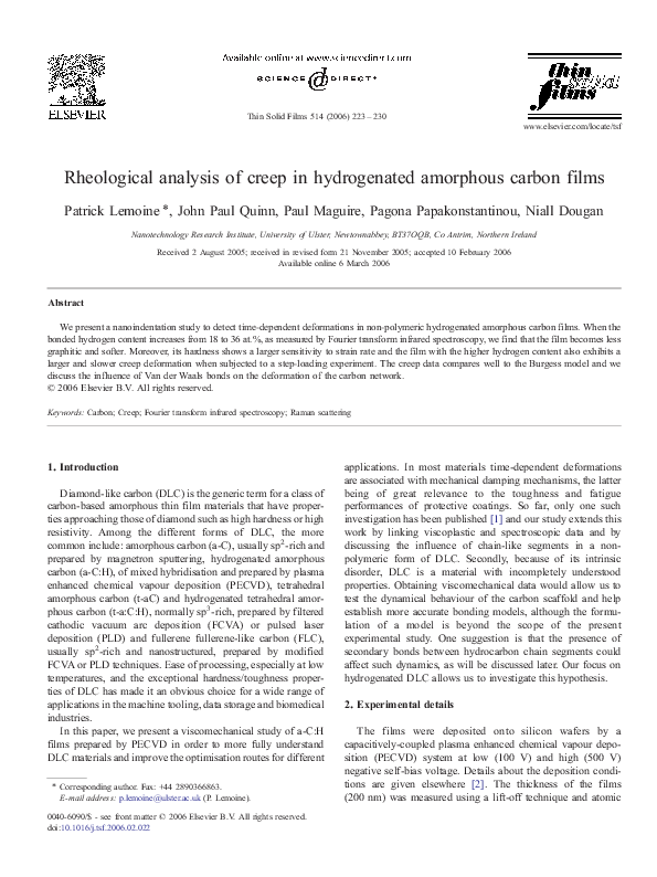 (PDF) Rheological analysis of creep in hydrogenated amorphous carbon films