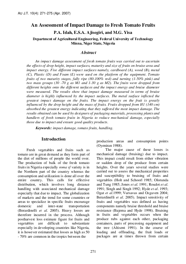 (PDF) An Assessment of Impact Damage to Fresh Tomato Fruits