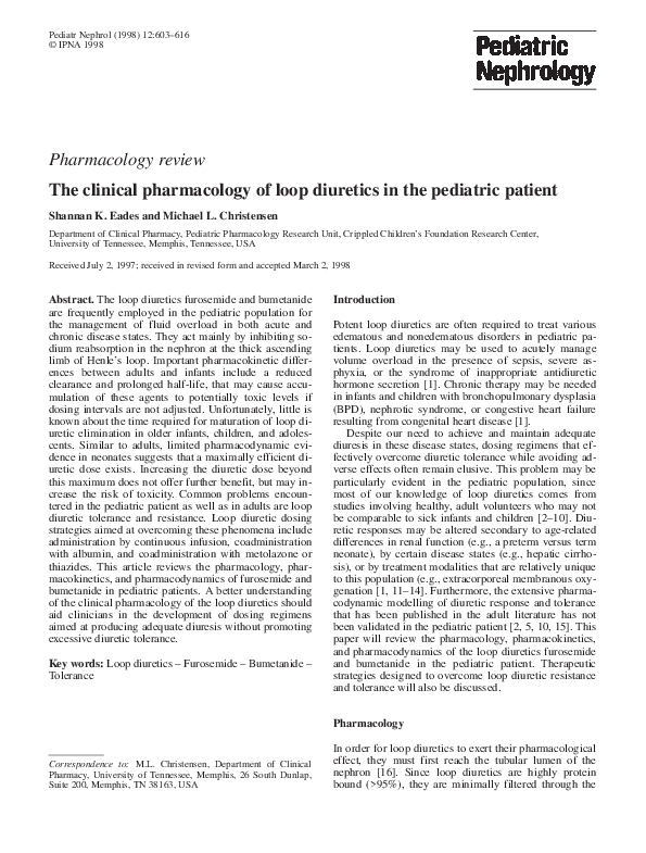 (PDF) The clinical pharmacology of loop diuretics in the pediatric patient