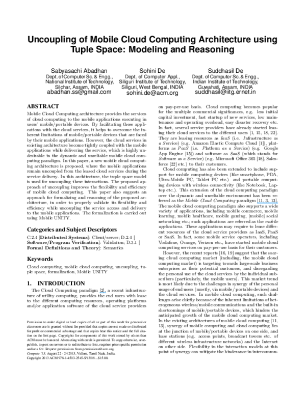 (PDF) Uncoupling of mobile cloud computing architecture using tuple space: Modeling and reasoning