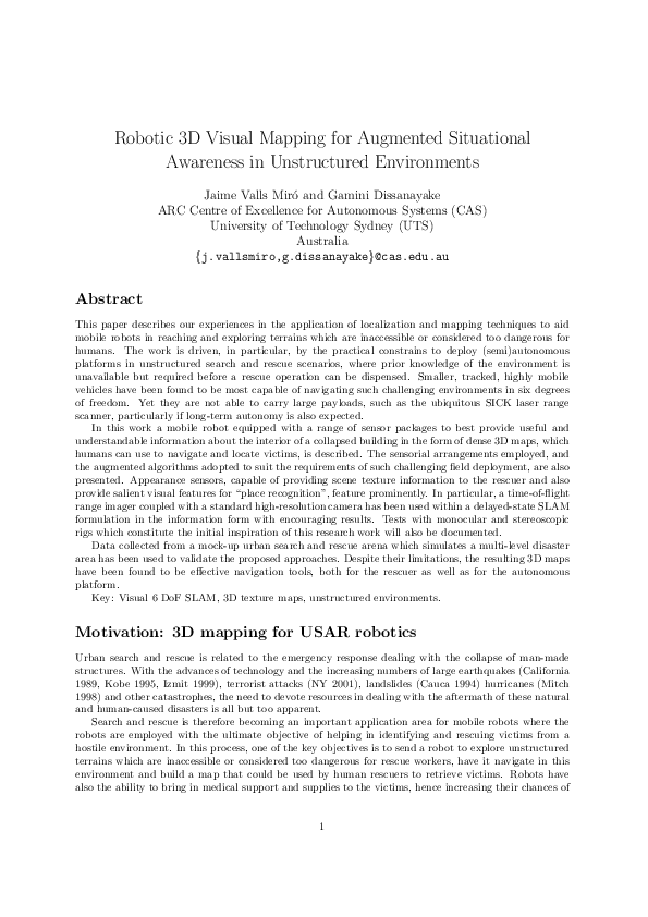 (PDF) Robotic 3D Visual Mapping for Augmented Situational Awareness in Unstructured Environments