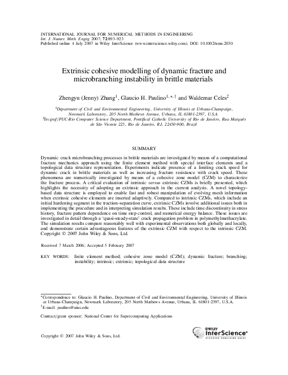 (PDF) Extrinsic cohesive modelling of dynamic fracture and microbranching instability in brittle ...