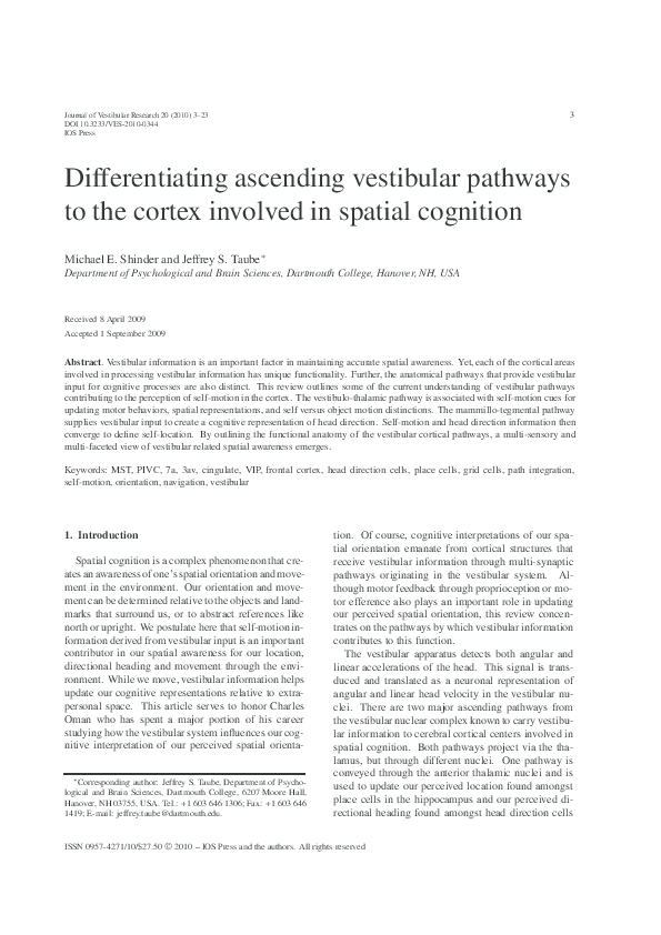(PDF) Differentiating ascending vestibular pathways to the cortex involved in spatial cognition