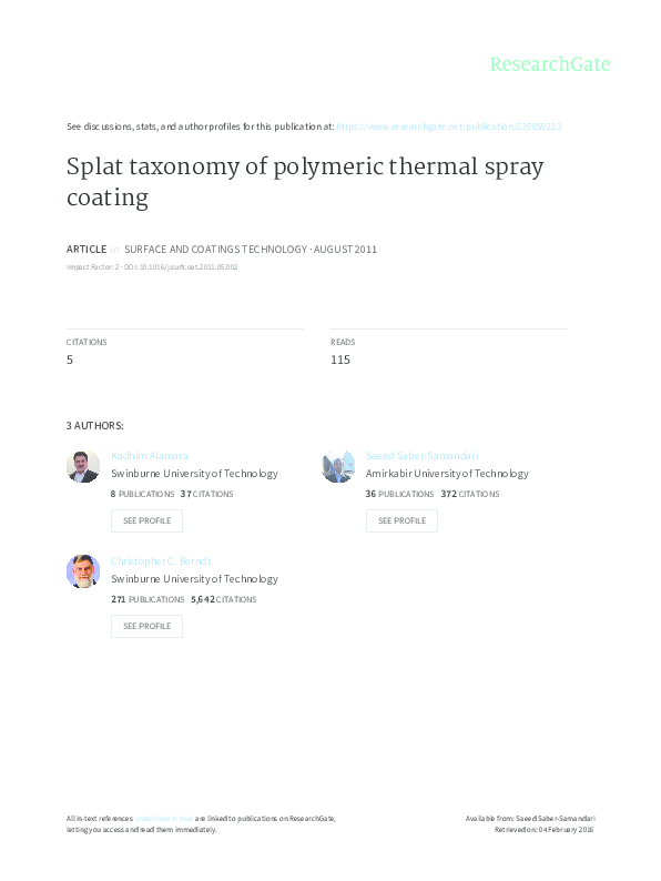 (PDF) Splat taxonomy of polymeric thermal spray coating