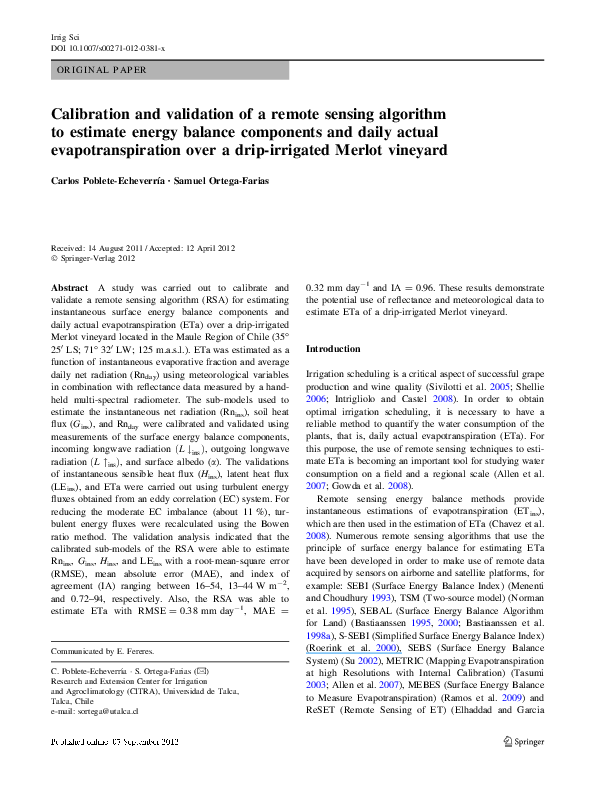 Pdf Calibration And Validation Of A Remote Sensing Algorithm To