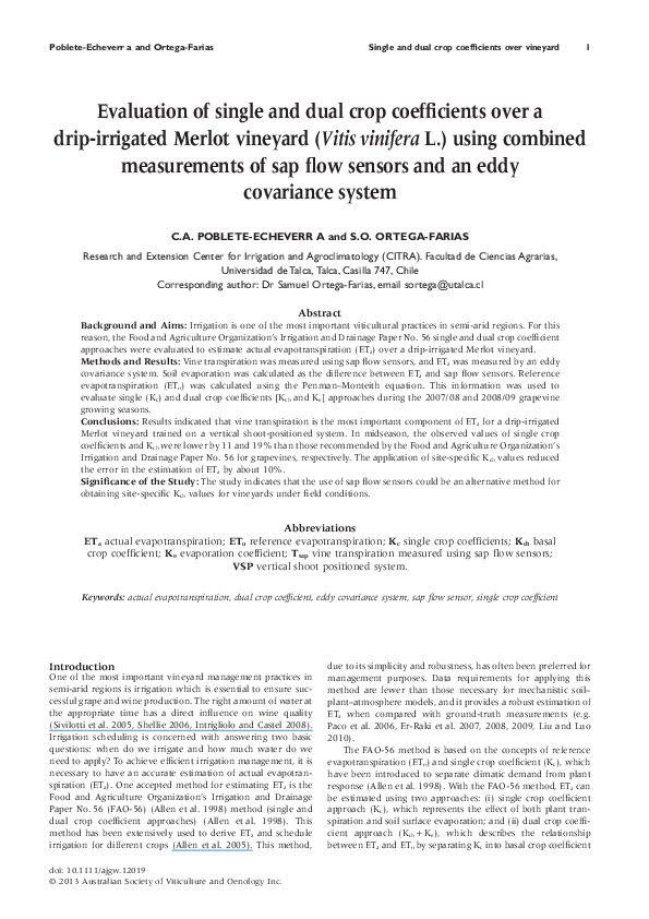 (PDF) Evaluation of single and dual crop coefficients over a drip-irrigated Merlot vineyard ...