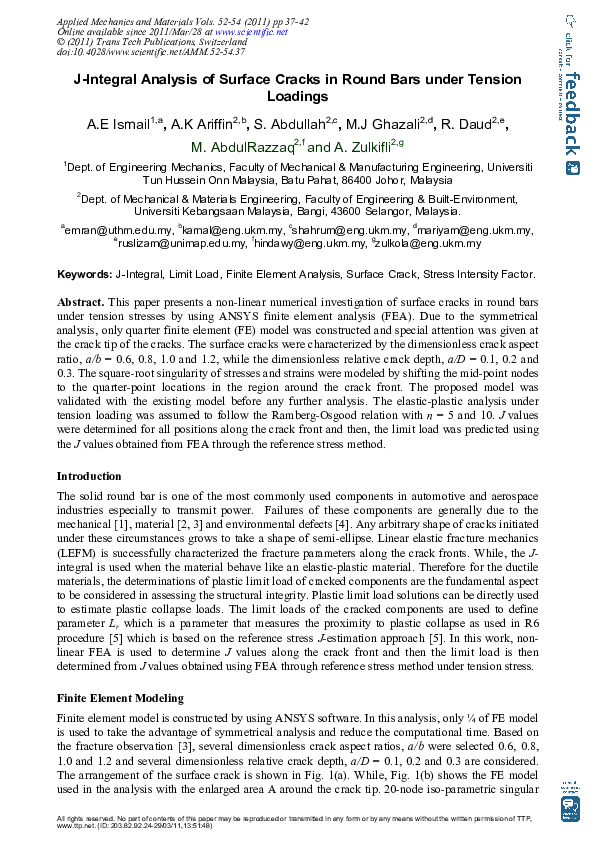 (PDF) J-Integral Analysis of Surface Cracks in Round Bars under Tension ...