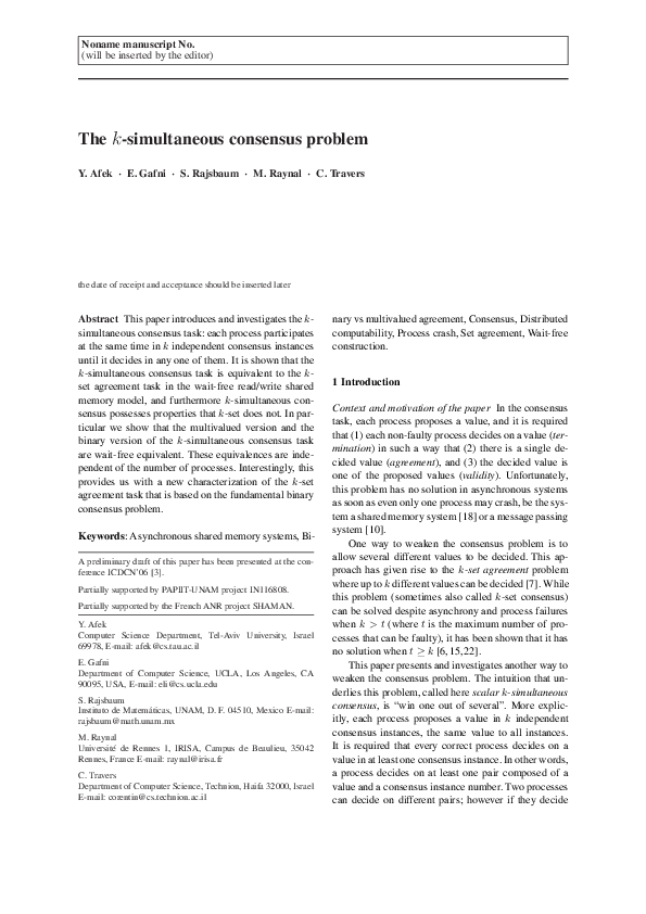(PDF) The k-simultaneous consensus problem