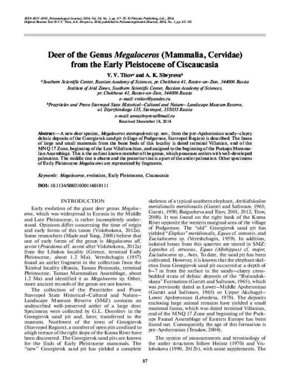 Deer of the Genus Megaloceros (Mammalia, Cervidae) from the Early ...