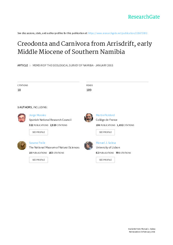 (PDF) Creodonta and Carnivora from Arrisdrift, early Middle Miocene of ...