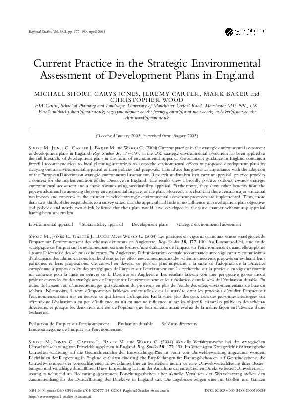 (PDF) Current Practice in the Strategic Environmental Assessment of ...