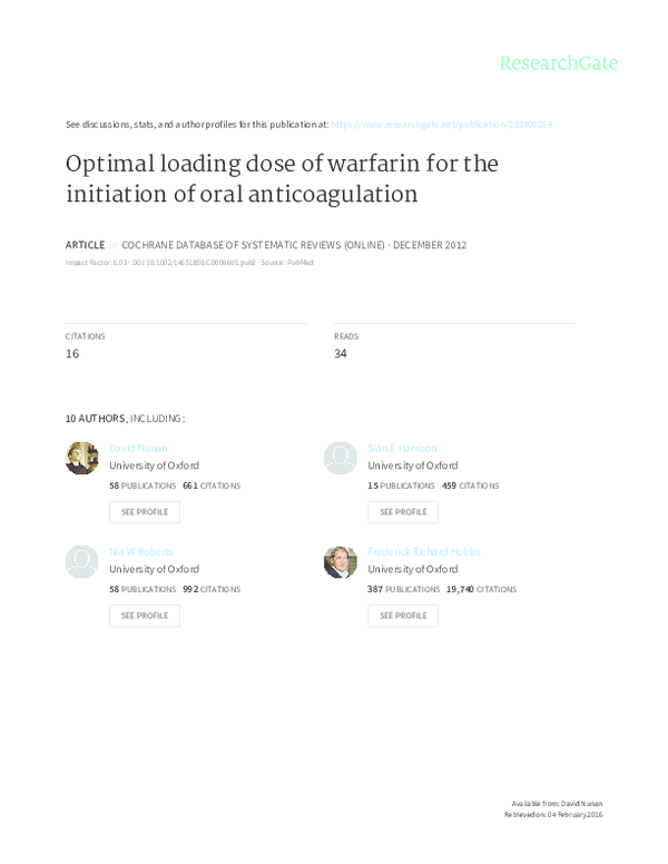 Pdf Optimal Loading Dose Of Warfarin For The Initiation Of Oral Anticoagulation