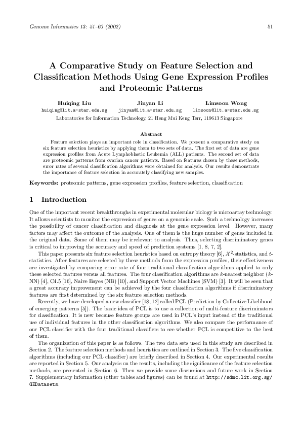 (PDF) A Comparative Study on Feature Selection and Classification Methods Using Gene Expression ...