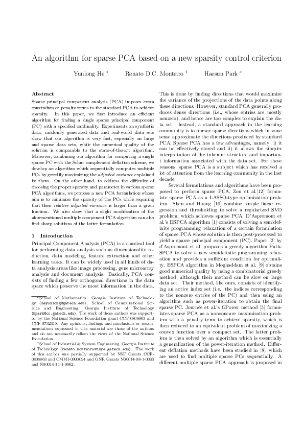 Pdf An Algorithm For Sparse Pca Based On A New Sparsity Control Criterion