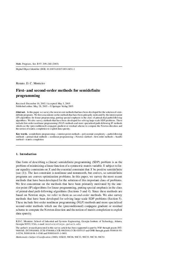Pdf First And Second Order Methods For Semidefinite Programming