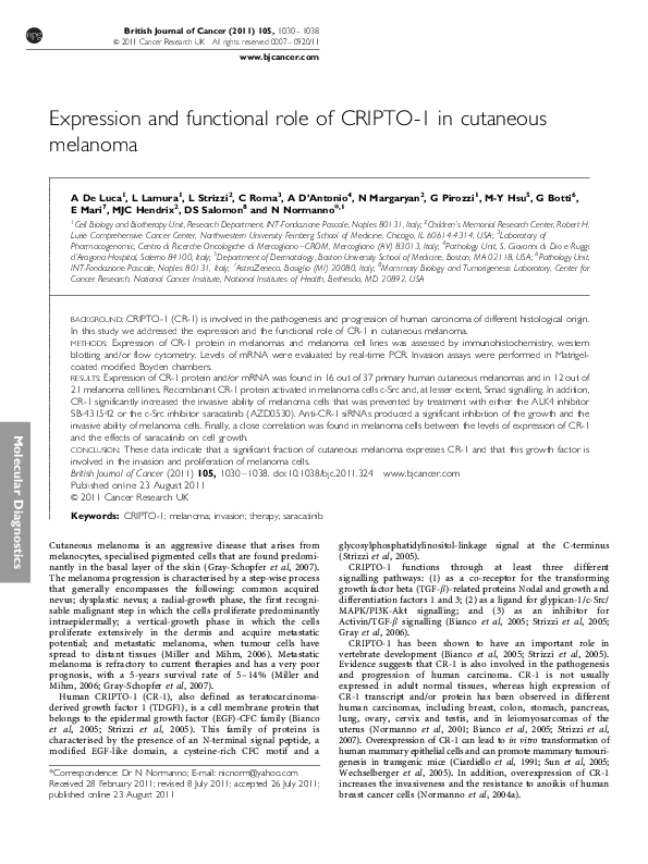 (PDF) Expression and functional role of CRIPTO-1 in cutaneous melanoma | Antonio D'Antonio ...