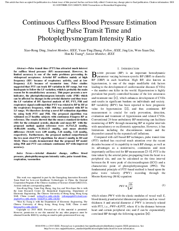 (PDF) Continuous Cuffless Blood Pressure Estimation Using Pulse Transit ...
