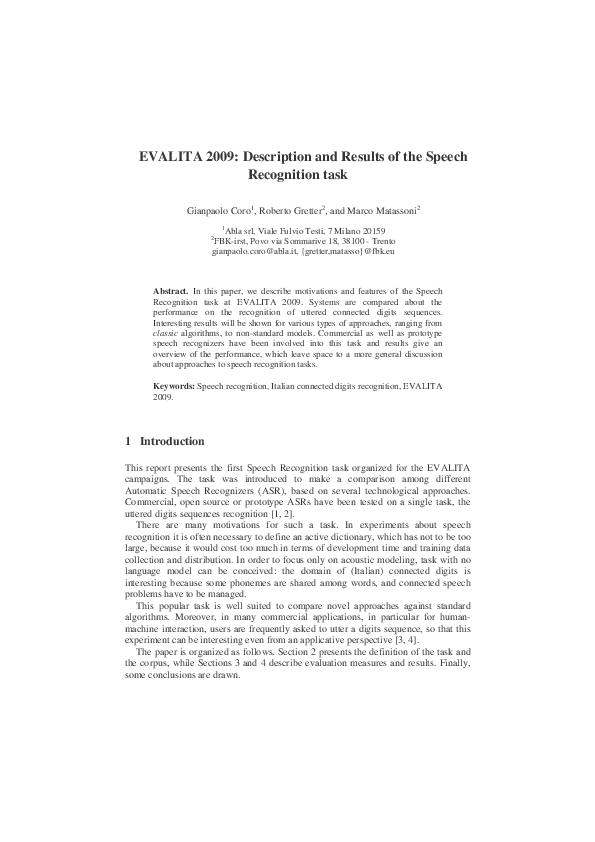 (PDF) EVALITA 2009: Description and Results of the Speech Recognition task | Marco Matassoni and ...