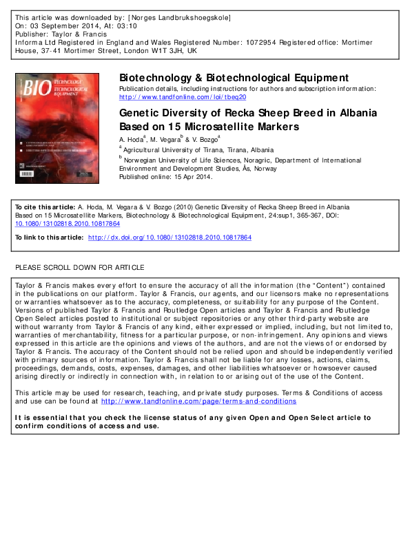 (PDF) Genetic Diversity of Recka Sheep Breed in Albania Based on 15 Microsatellite Markers