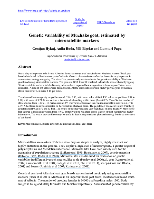 (PDF) Genetic variability of Muzhake goat, estimated by microsatellite markers