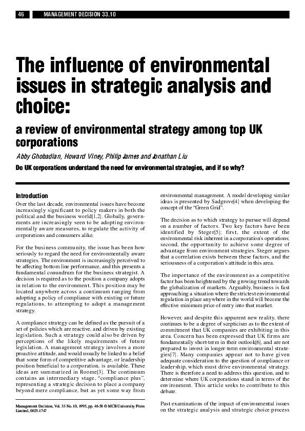 (PDF) The influence of environmental issues in strategic analysis and ...