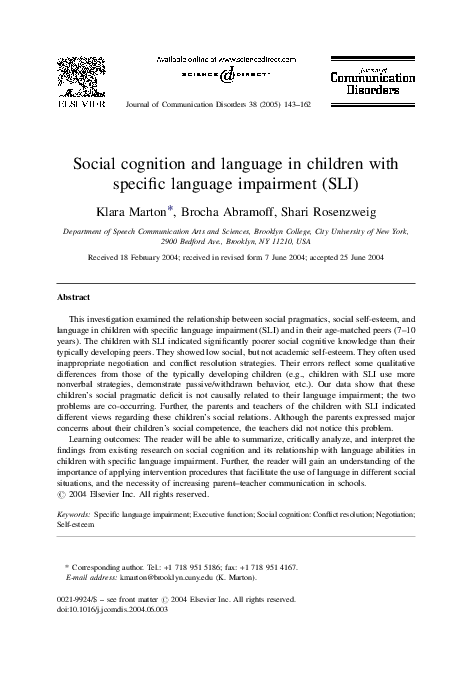 (PDF) Social cognition and language in children with specific language impairment (SLI)