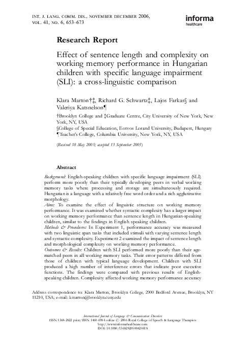(PDF) Effect of sentence length and complexity on working memory performance in Hungarian ...